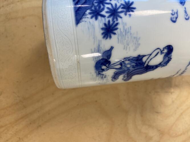 SOLD. A Chinese porcelain bitong, decorated in blue with mythical story ...
