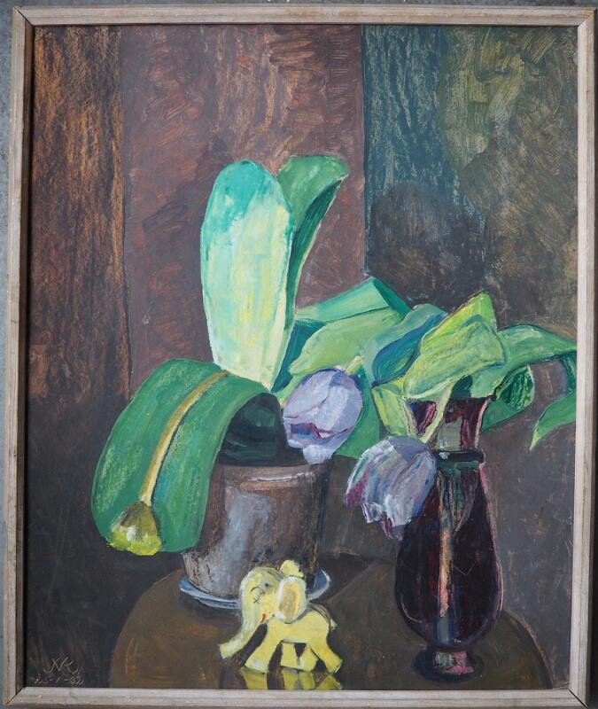 Johanne Valeur Kyhn: Still life with yellow elephant. Signed with ...
