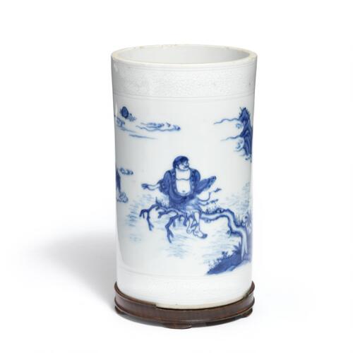 SOLD. A Chinese porcelain bitong, decorated in blue with mythical story ...