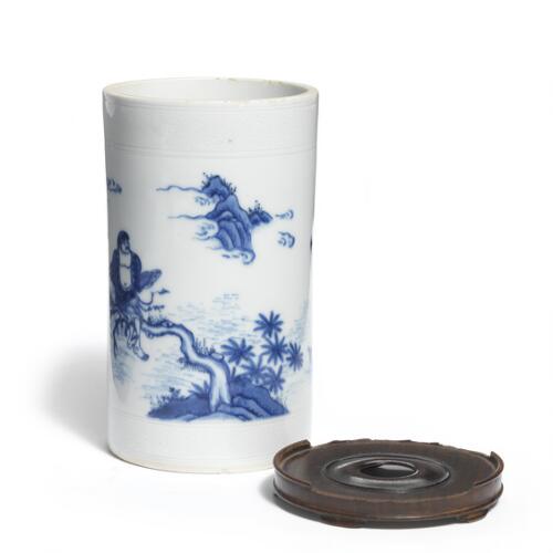 SOLD. A Chinese porcelain bitong, decorated in blue with mythical story ...