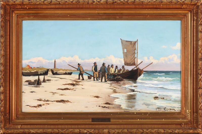 Carl Locher: Beach view with fishermen. Signed Carl Locher. Oil on ...