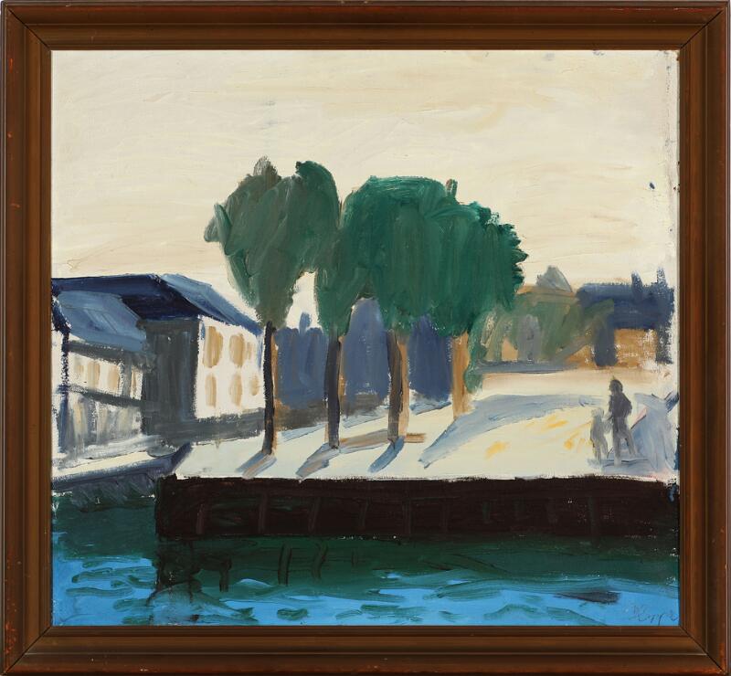 Erik Hoppe: Figures near the pier. Signed (scratched) Hoppe. Oil on ...