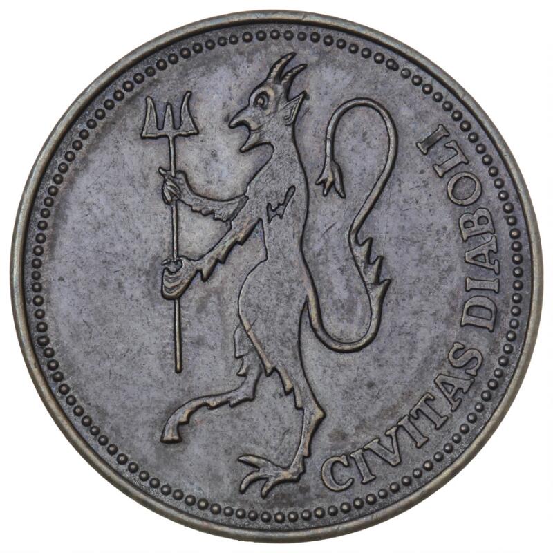 Anholt, satanic coin, 13 maj 1973, copper, 31 mm, 10.55 g. | Barnebys