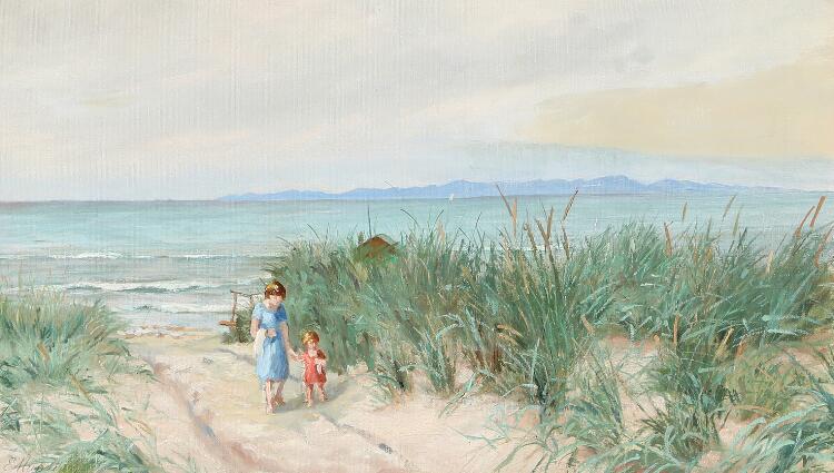 Emilie Mundt: Coastal scenery with a woman and a child in the dunes ...
