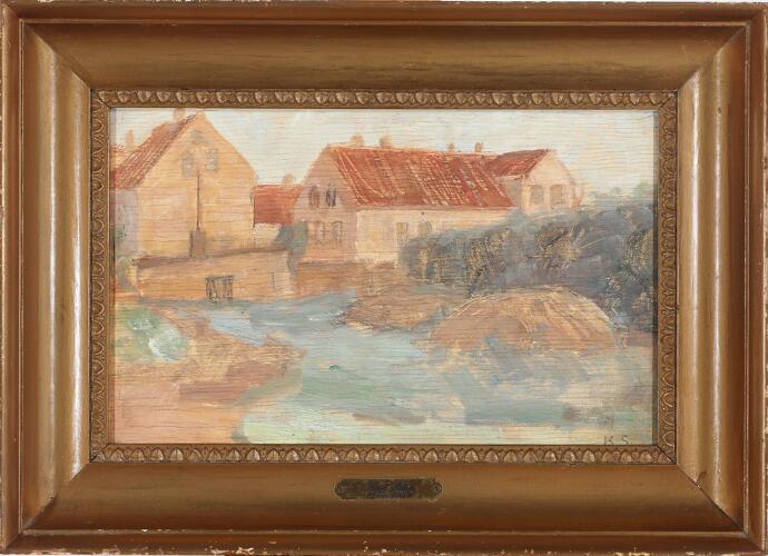 Karl Schou: Farm exterior. Signed K.S. Oil on wood. 17 x 26 cm. – Bruun ...