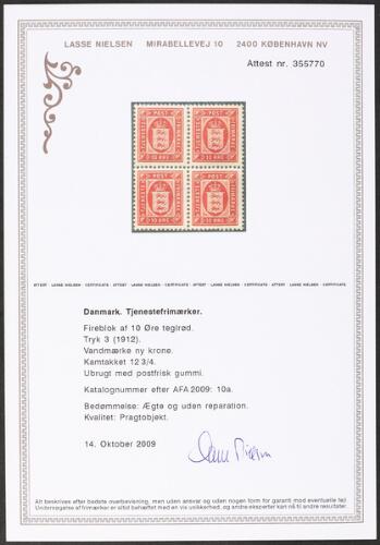 SOLD. 1911. 10 øre, BRICK RED. Perfect NH block of 4. Rare and under ...