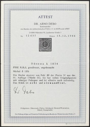 1854. 4 RBS Thiele III, greybrown. Plate IV, no. 89. Unused without gum ...