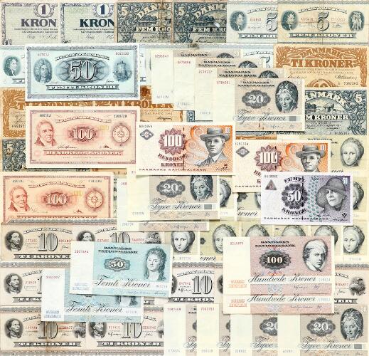 Collection of 1, 5, 10, 20, 50 and 100 kr notes from various series, in ...