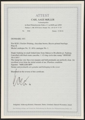 1851. 4 RBS Ferslew. Plate II. APRIL-COVER from Odense to Faaborg. Most ...