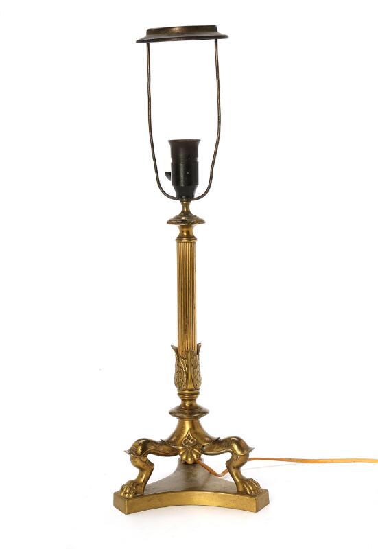 Charles X style bronze lamp, fluted stem on tripod base, c. 1900. H ...