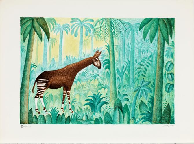Hans Scherfig: "Okapi". Signed Scherfig 1976, 77/280, stamp for UM ...