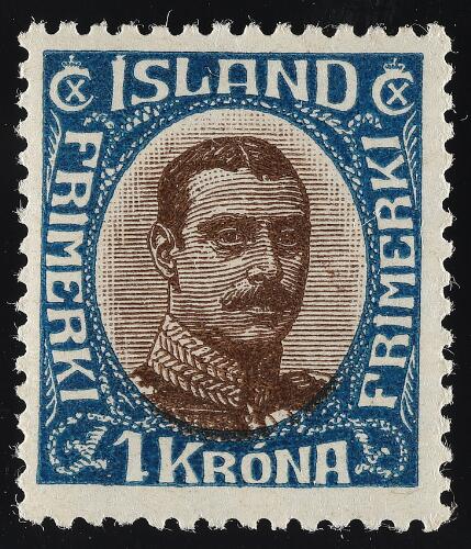 1920. Chr.X, 1 kr. blue/brown. Variety "Hook on 1". Perfect MNH copy ...