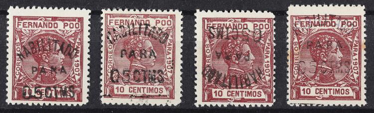 Spanish Fernando Poo. 1908. 5/10 c. 4 copies incl. scarce varieties ...