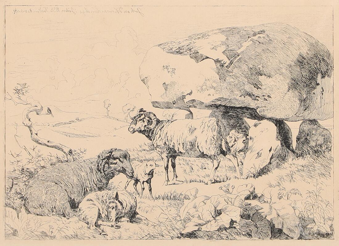 Johan Thomas Lundbye: “Faar ved en Gravhøj”. Sheep by a mound. Signed ...