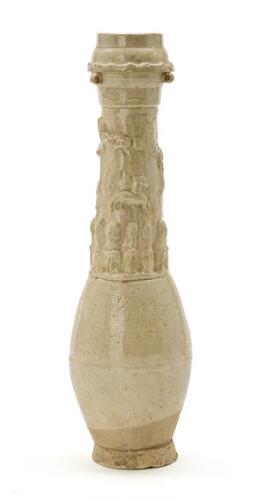 Chinese vase of beige-glazed pottery, modeled with figures in relief ...