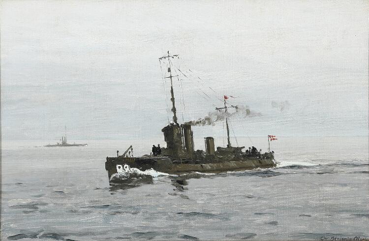 Chr. Benjamin Olsen: The torpedo boat "Støren" at sea. Signed Chr ...